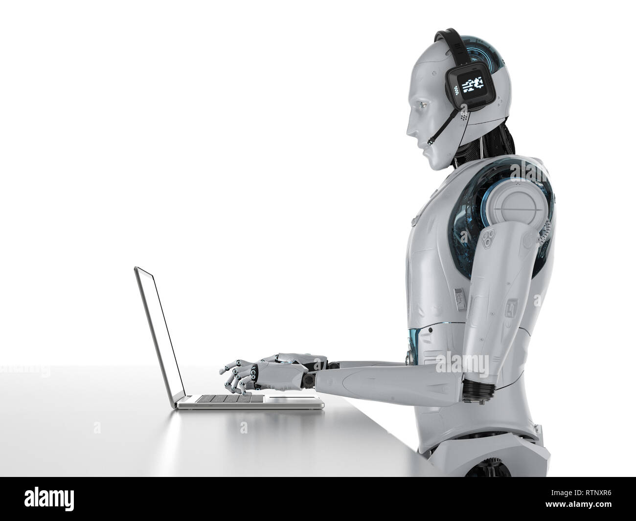 Chat bot concept with 3d rendering humanoid robot with headset work on computer notebook Stock ...