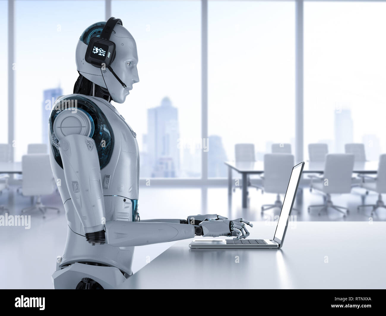 Chat Bot Concept With 3d Rendering Humanoid Robot With Headset Work On Computer Notebook Stock