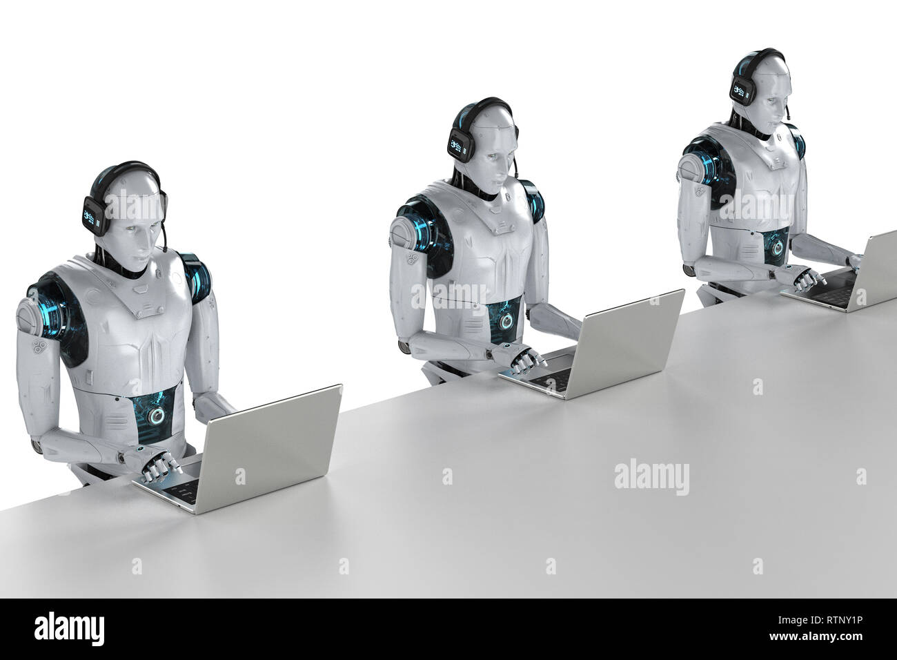 Chat Bot Concept With 3d Rendering Humanoid Robot With Headset Work On Computer Notebook Stock