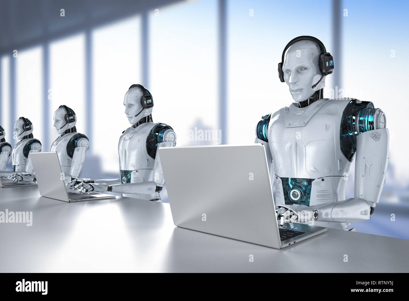 Chat bot concept with 3d rendering humanoid robot with headset work on computer notebook Stock ...