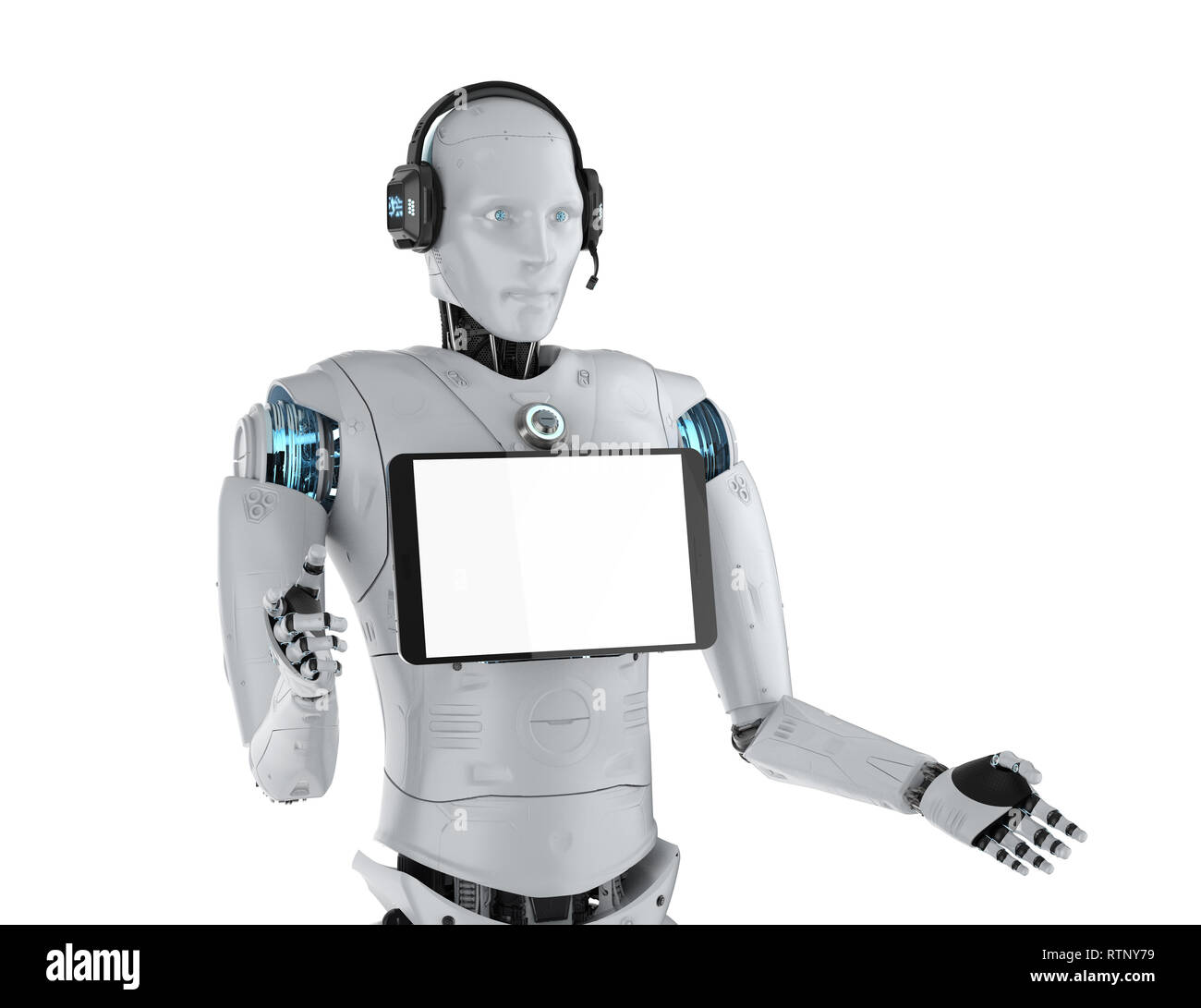Robot assistant concept with 3d rendering humanoid robot with blank ...