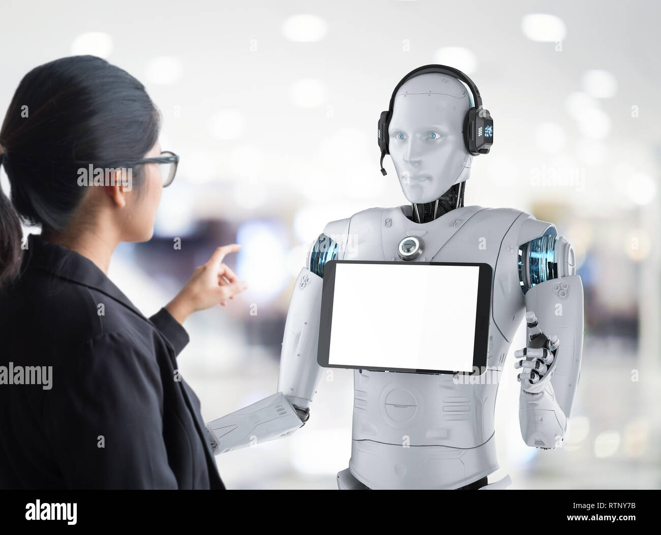 Robot assistant concept with 3d rendering humanoid robot with blank ...