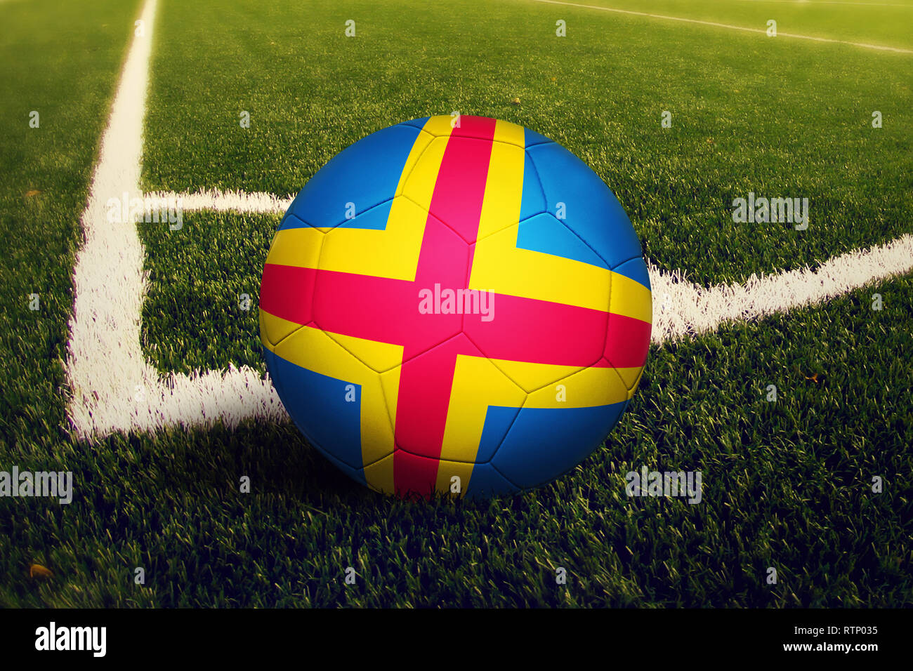 Aland Islands ball on corner kick position, soccer field background ...