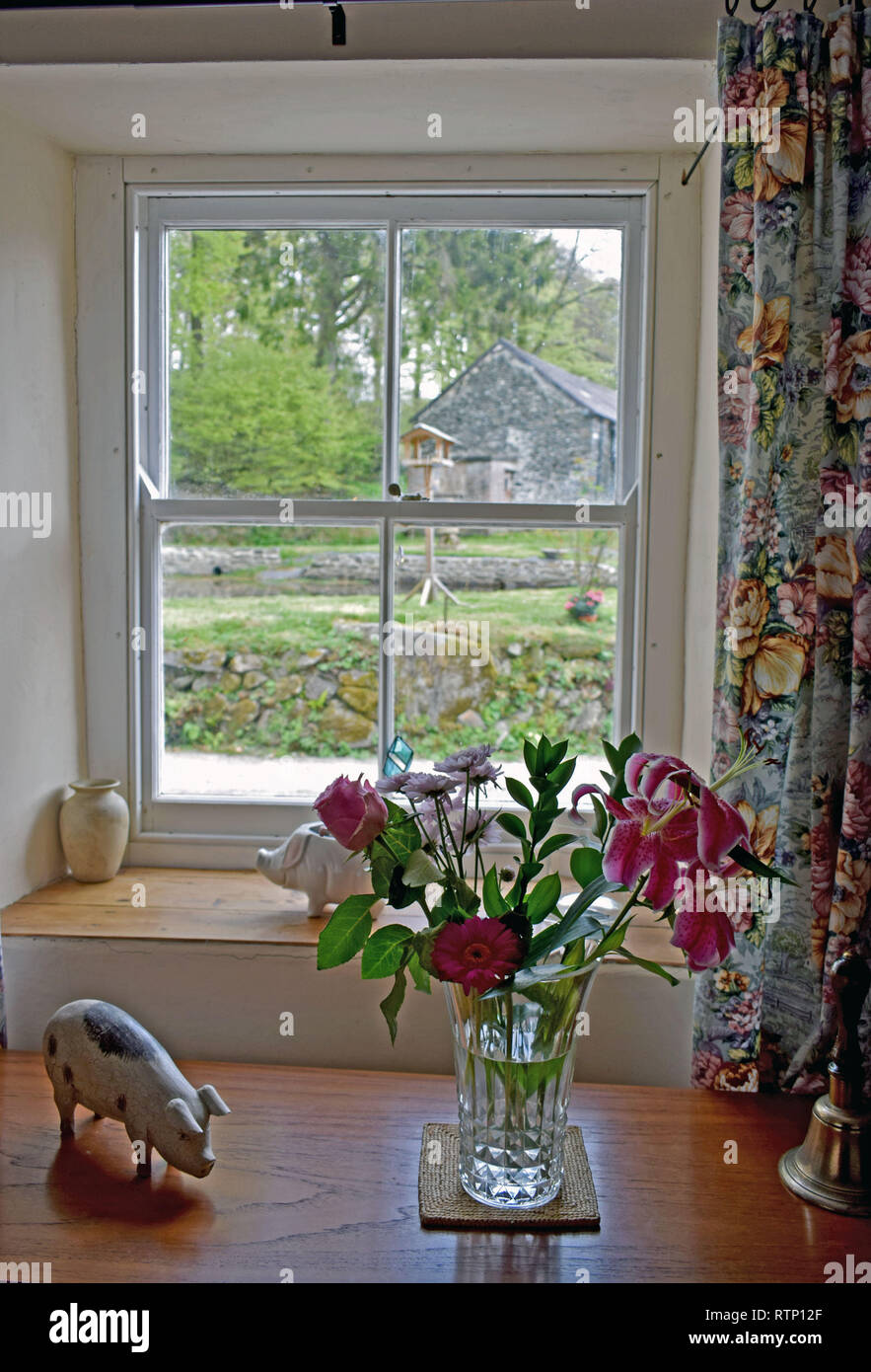 looking through a cottage window from the inside out , with flowers and ...