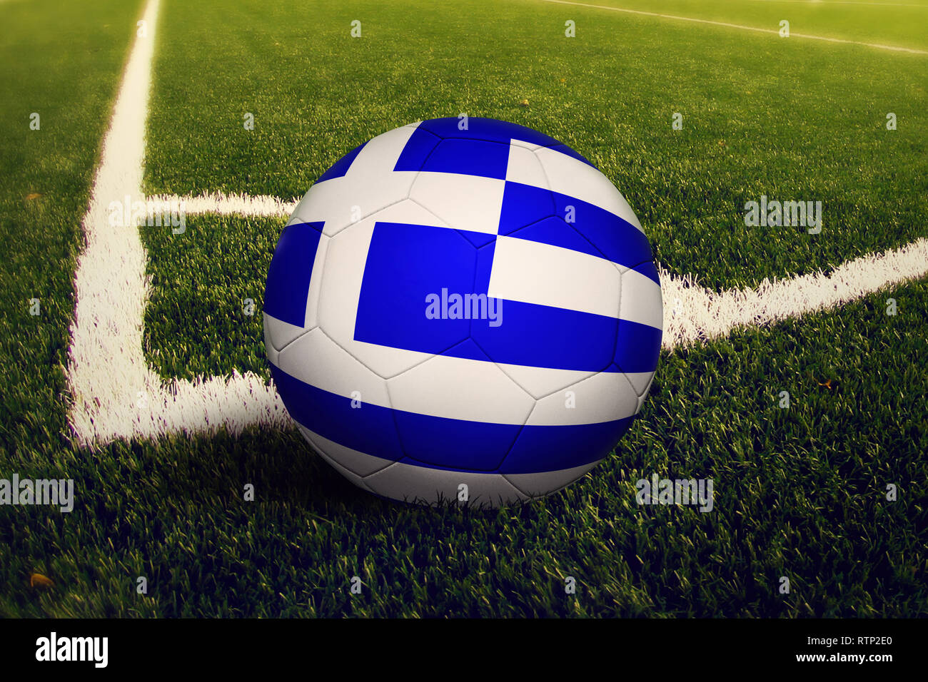 Greece ball on corner kick position, soccer field background. National ...