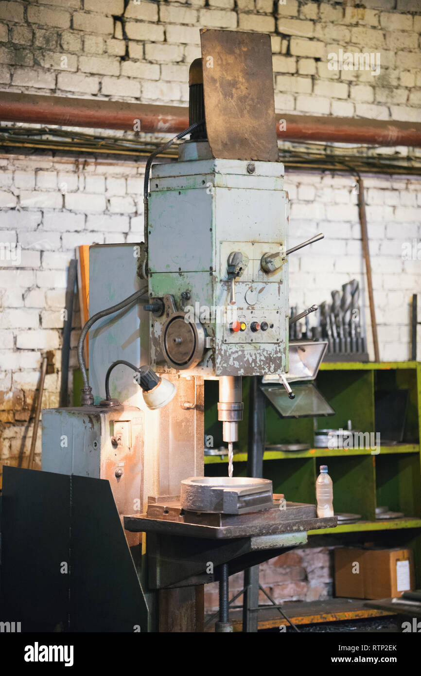 Industrial concept. A construction lathe machine with a drill Stock ...