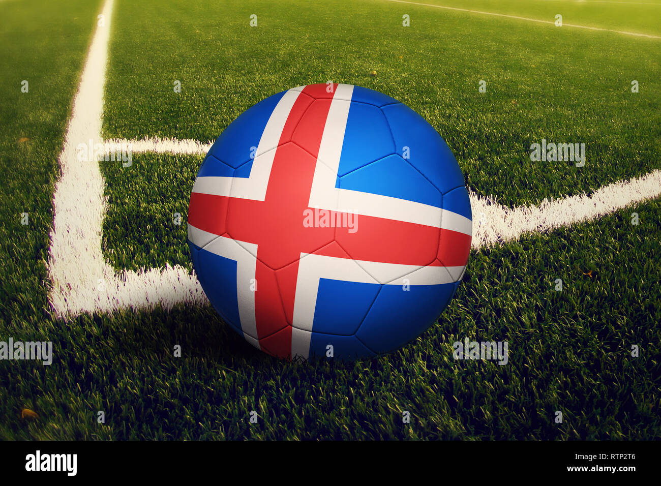 Iceland ball on corner kick position, soccer field background. National ...