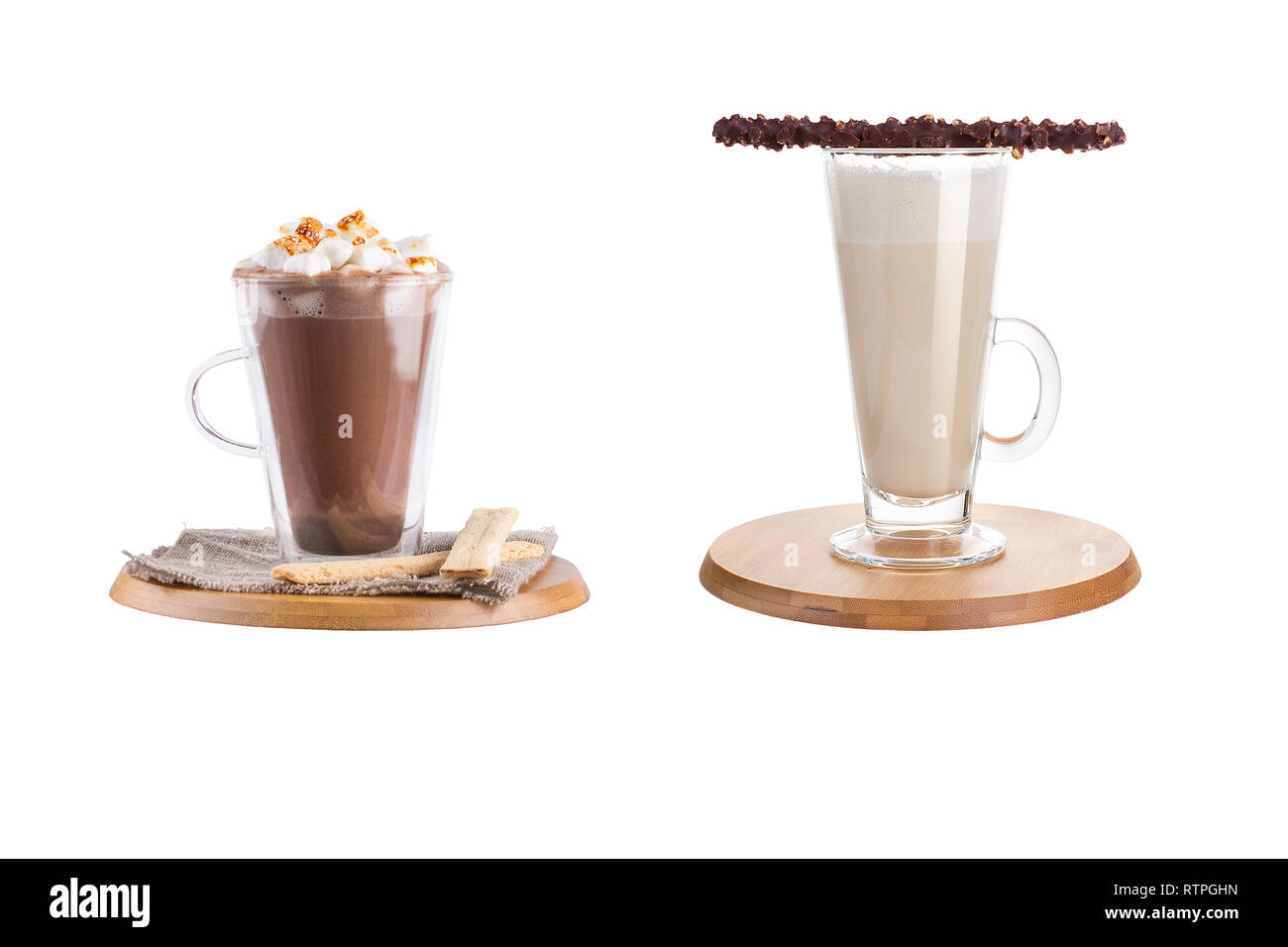Coffee and milkshake in glass mugs on a white background. Isolated ...