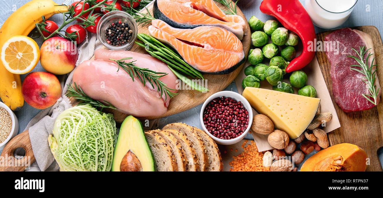 Balanced diet. Healthy food and cooking concept. Panorama, banner Stock ...