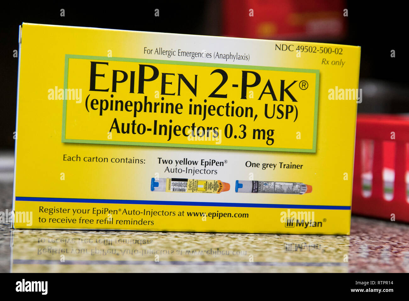 A package containing EpiPen (Epinephrine) prescription pharmaceuticals ...