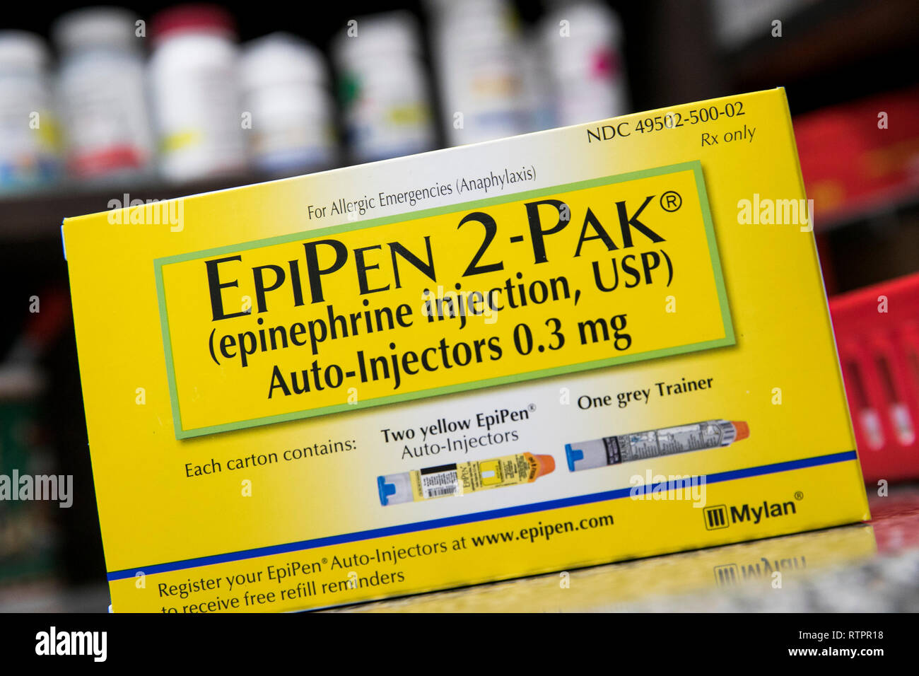 A package containing EpiPen (Epinephrine) prescription pharmaceuticals ...