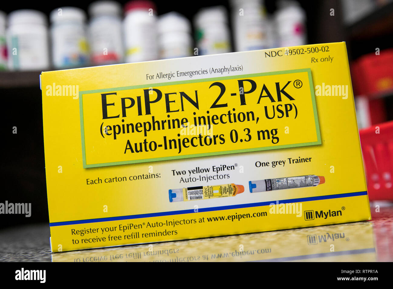 A package containing EpiPen (Epinephrine) prescription pharmaceuticals ...