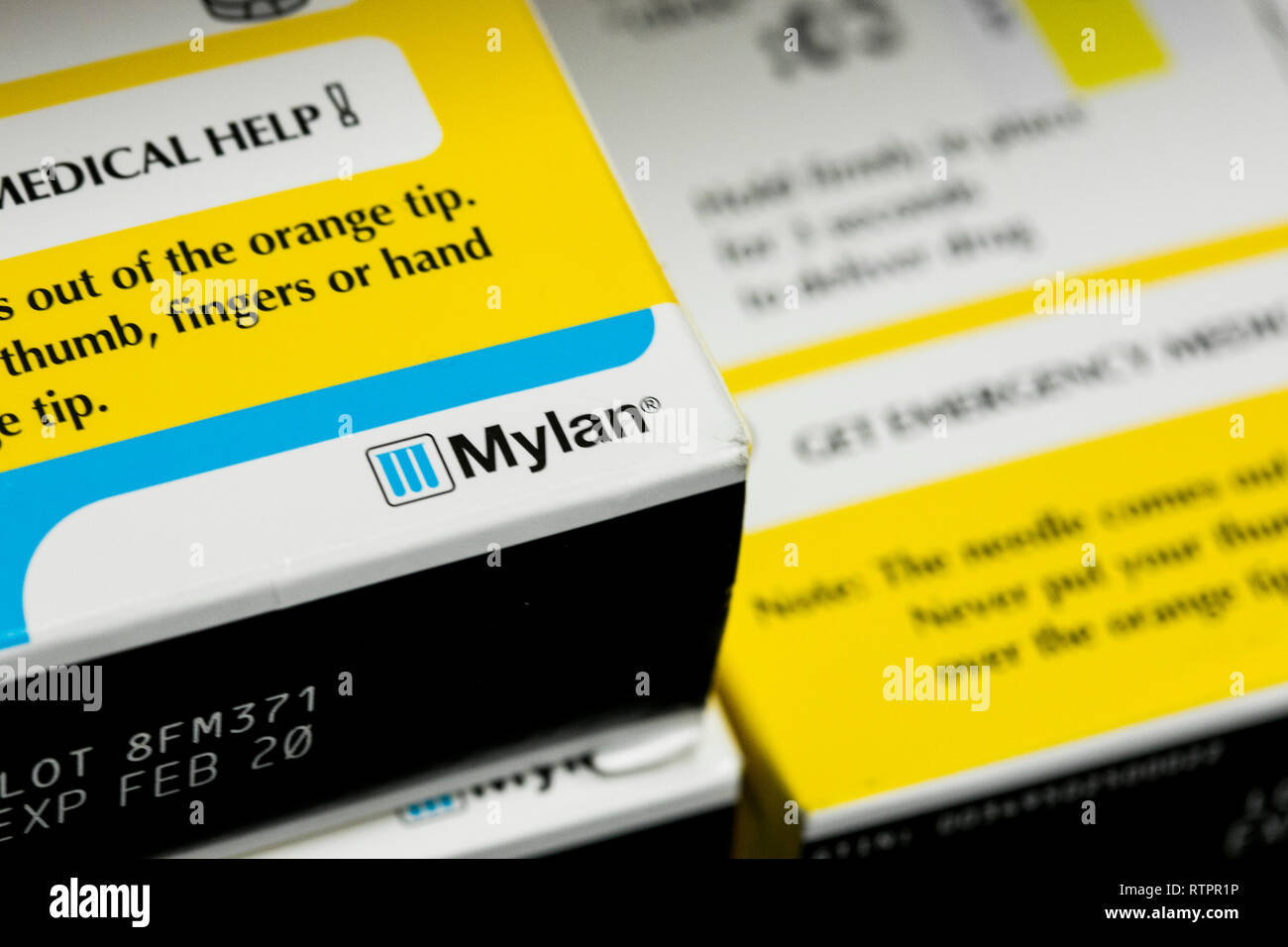 A package containing EpiPen (Epinephrine) prescription pharmaceuticals ...