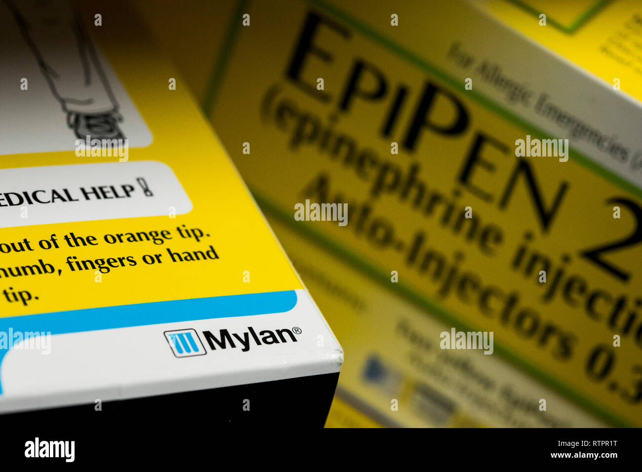 A package containing EpiPen (Epinephrine) prescription pharmaceuticals ...