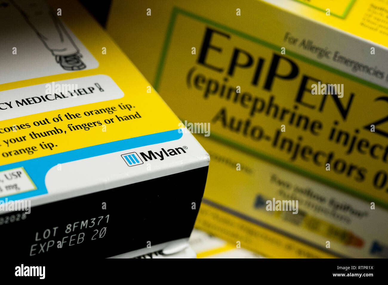 A package containing EpiPen (Epinephrine) prescription pharmaceuticals ...