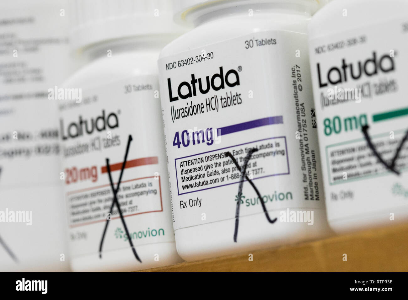 Bottles of Latuda (Lurasidone) prescription pharmaceuticals photographed in a pharmacy Stock ...