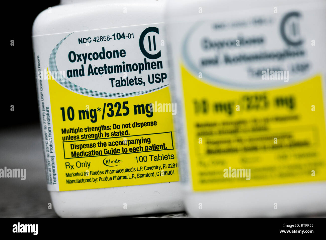 Bottles of Oxycodone prescription pharmaceuticals photographed in a ...