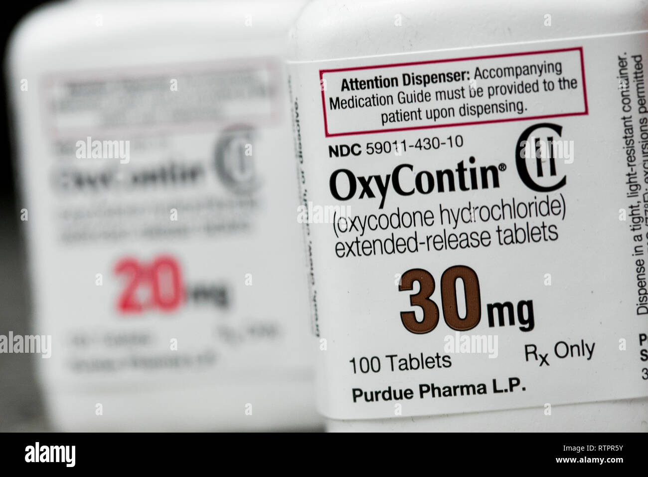 Bottles of OxyContin (Oxycodone) prescription pharmaceuticals ...