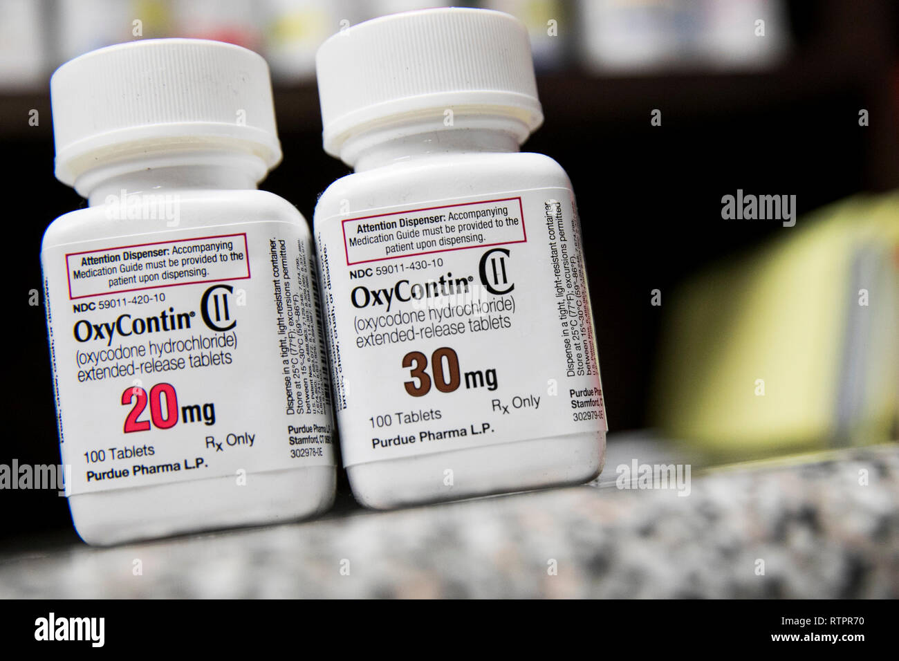 Bottles of OxyContin (Oxycodone) prescription pharmaceuticals ...