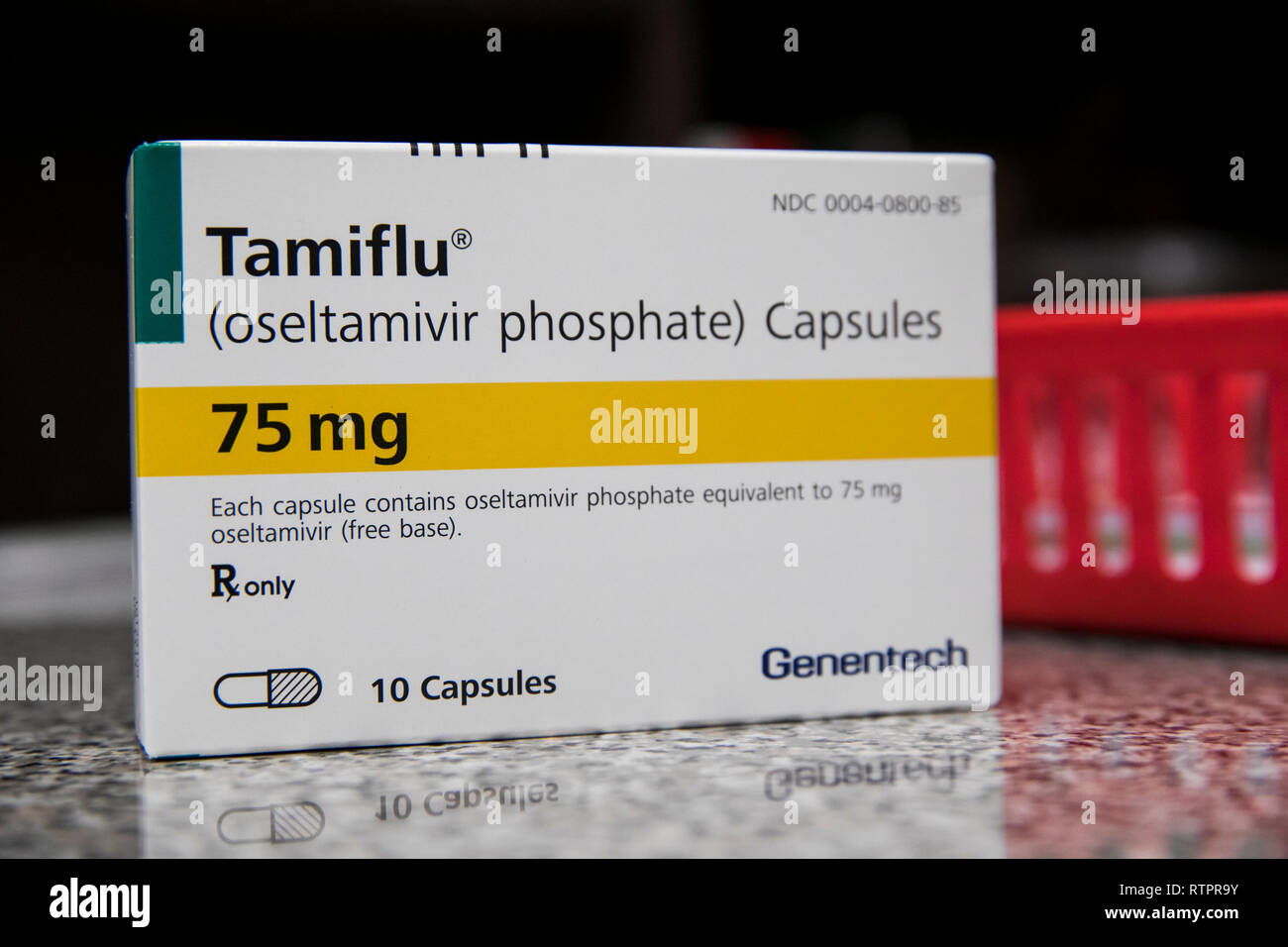 A package of Tamiflu (Oseltamivir) prescription pharmaceuticals photographed in a pharmacy Stock ...