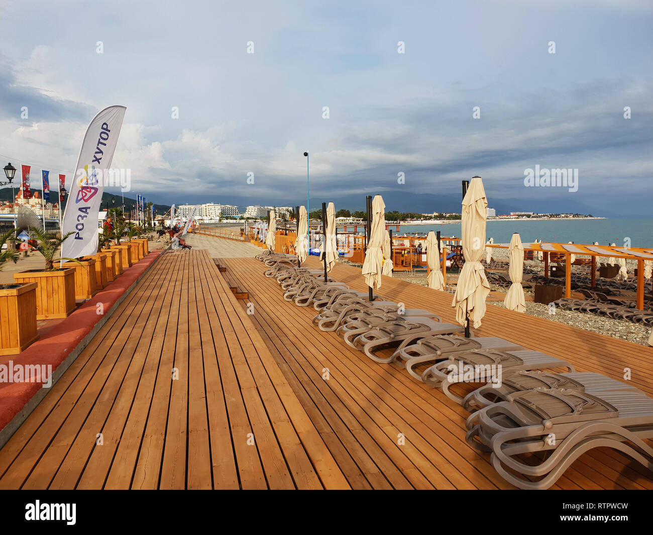Sochi, Russia - May 31. 2018. Rosa Khutor - the beach on the Black Sea ...