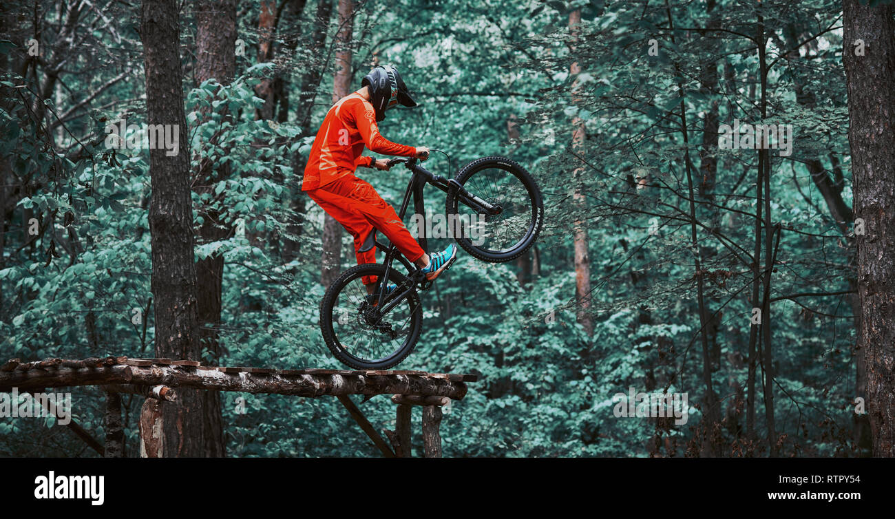 Moscow, Russia - Nov, 2018: Jump and fly on a mountain bike. Rider in ...