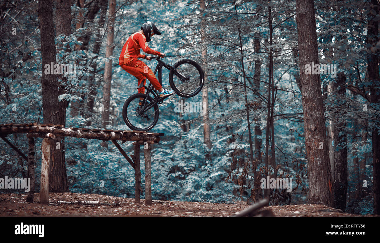 Moscow, Russia - Nov, 2018: Jump and fly on a mountain bike. Rider in ...