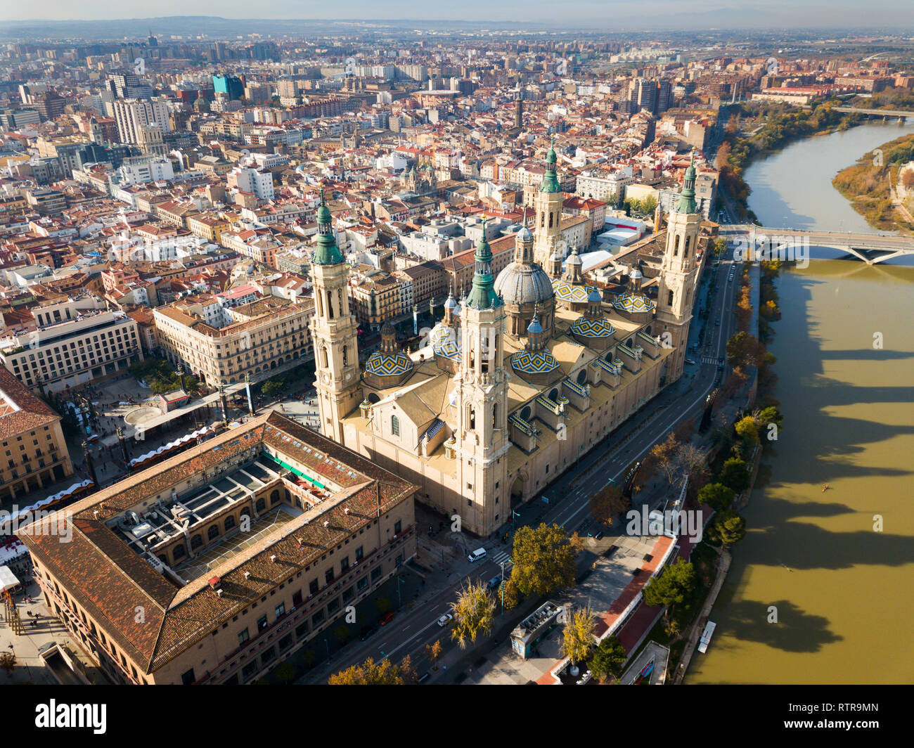 Aerial view of tiled housetops and Cathedral Basilica in Saragossa ...