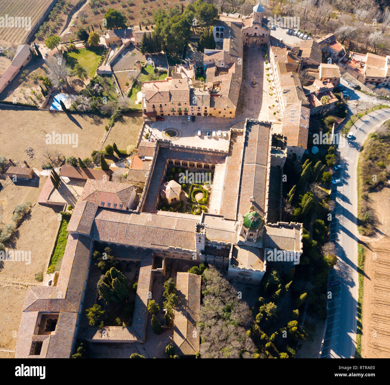 Aerial view of Monastery of Santa Maria de Santes Creus exterior in ...