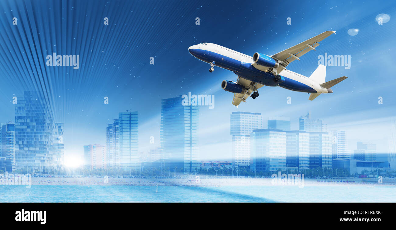 Airplane hovering highly in the sky over skyscrapers Stock Photo - Alamy