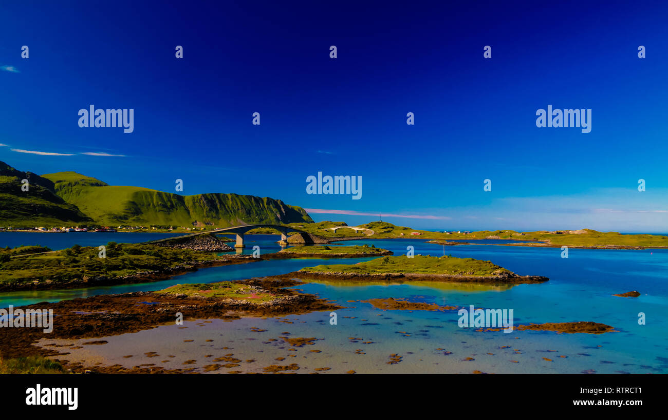 Landscape panoramic view to Fredvang bridge, Torvoya and buoya islands ...