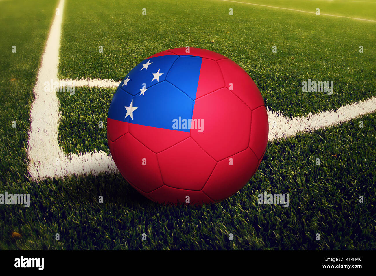 Samoa ball on corner kick position, soccer field background. National ...