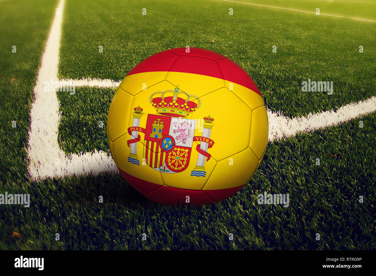 Spain ball on corner kick position, soccer field background. National ...