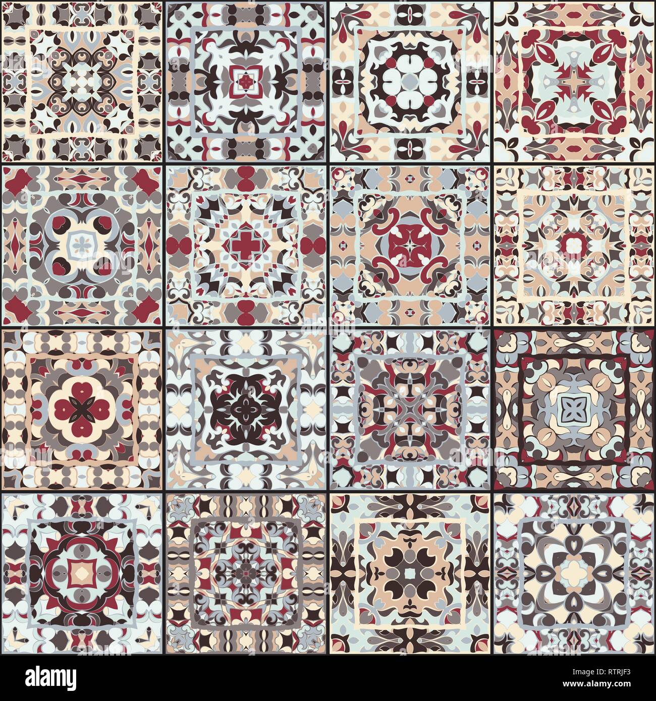 A collection of ceramic tiles in retro colors. A set of square patterns ...