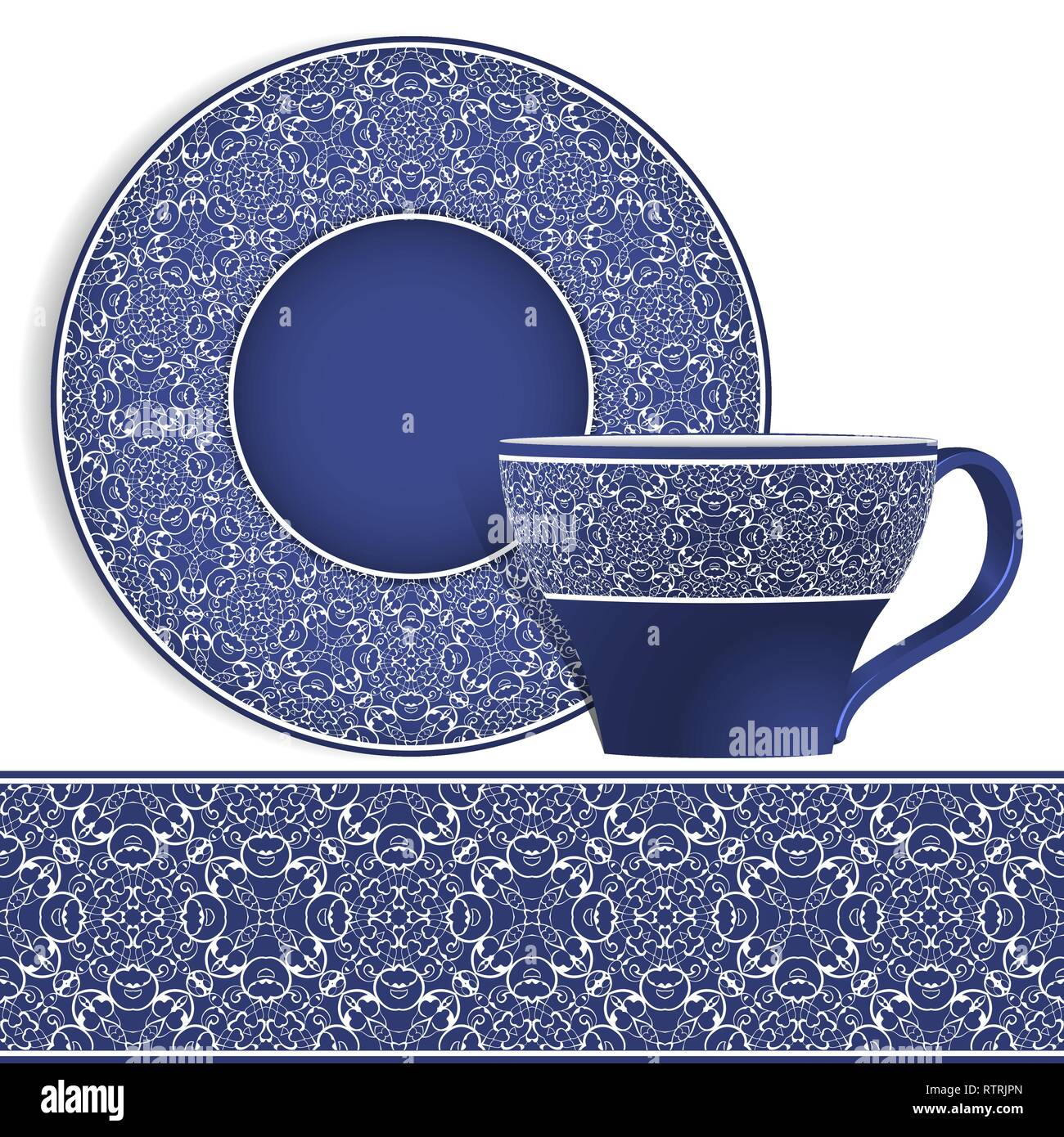 Cup and saucer with Oriental blue pattern on the edge. Vector ...