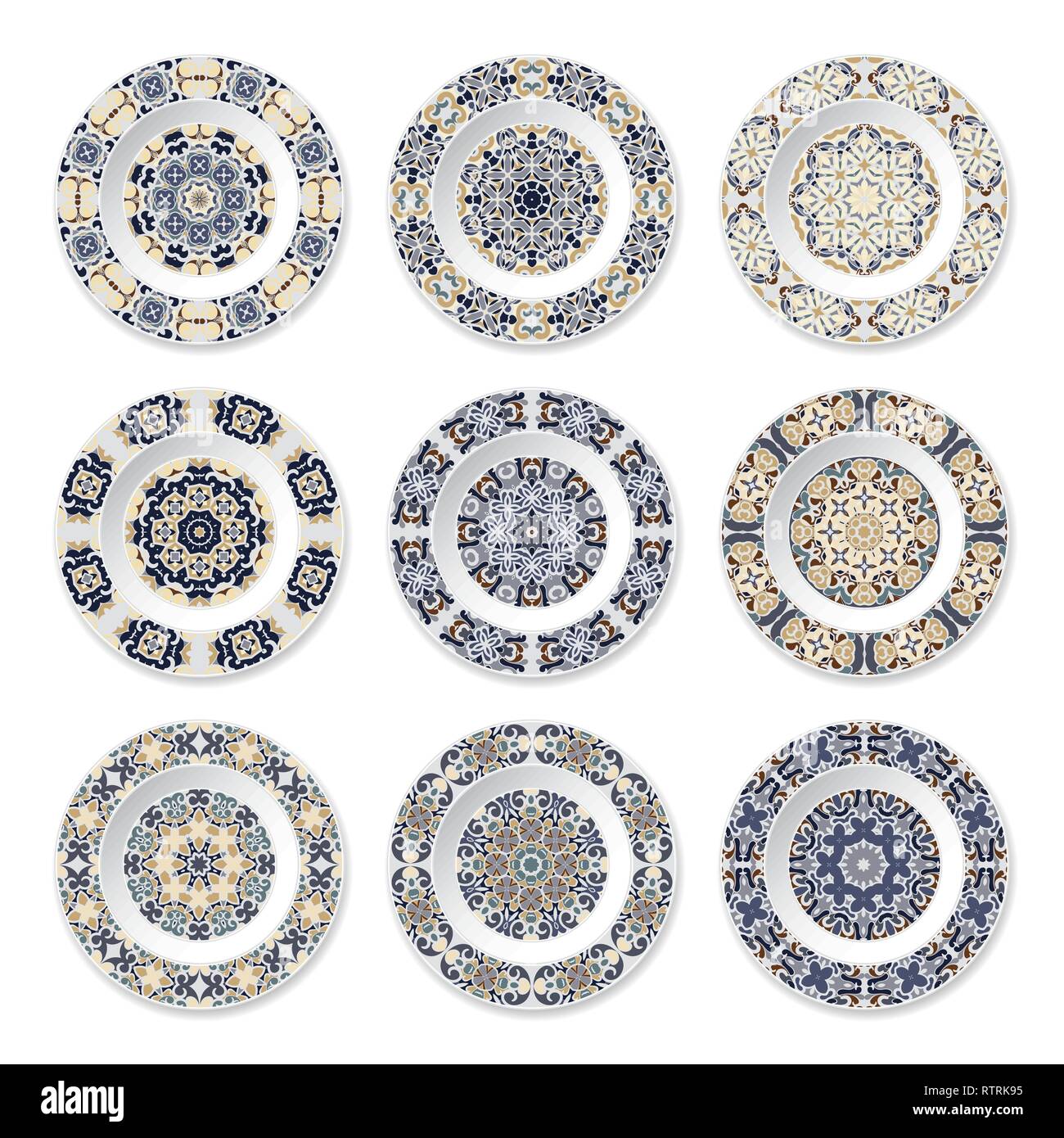 Set of nine decorative plates with a circular colored pattern, top view ...