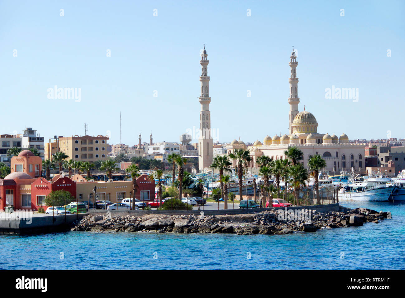 Panorama with view of central part of Hurghada. Mosque in Hurghada ...
