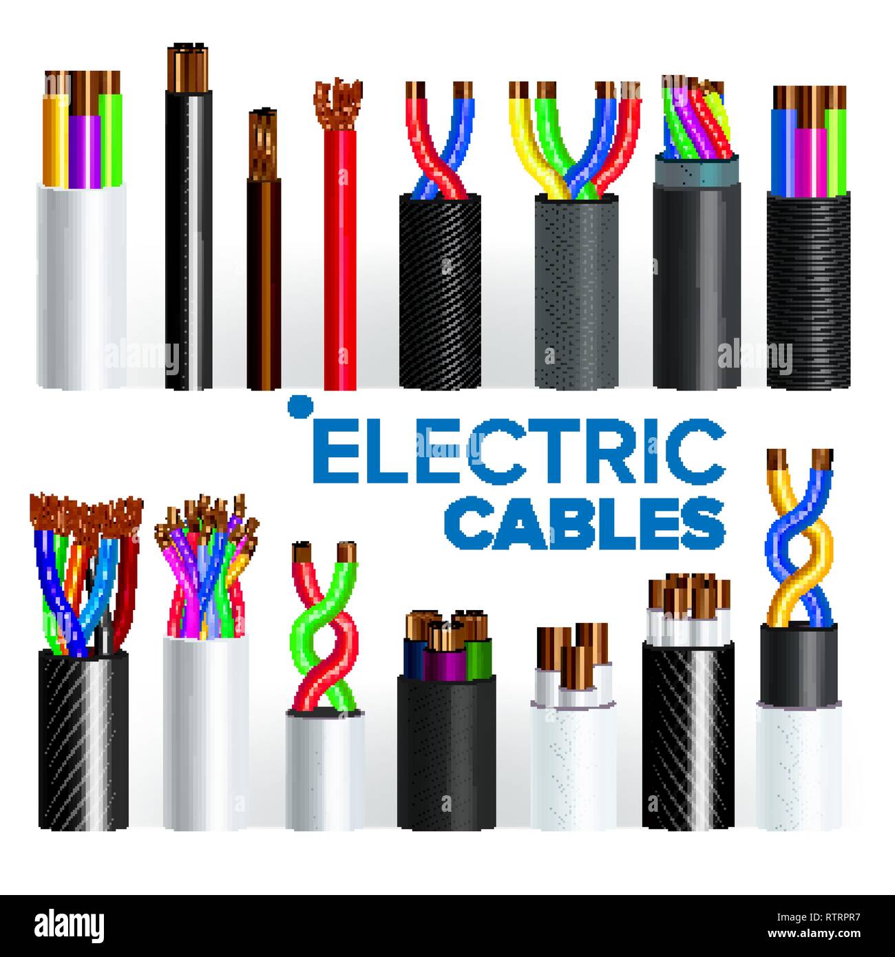 Electric Cables Set Vector. Copper Wire. Electrician Rubber Cord ... Electric Cables Set Vector. Copper Wire. Electrician Rubber Cord ...