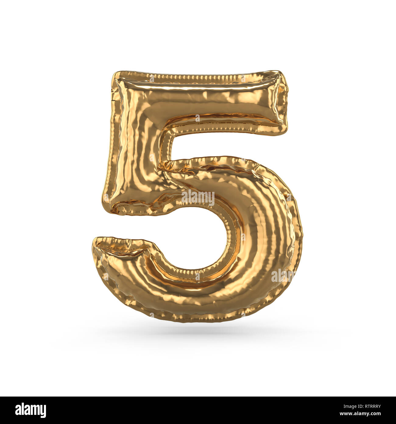 Golden digit five made of inflatable balloon isolated on white ...
