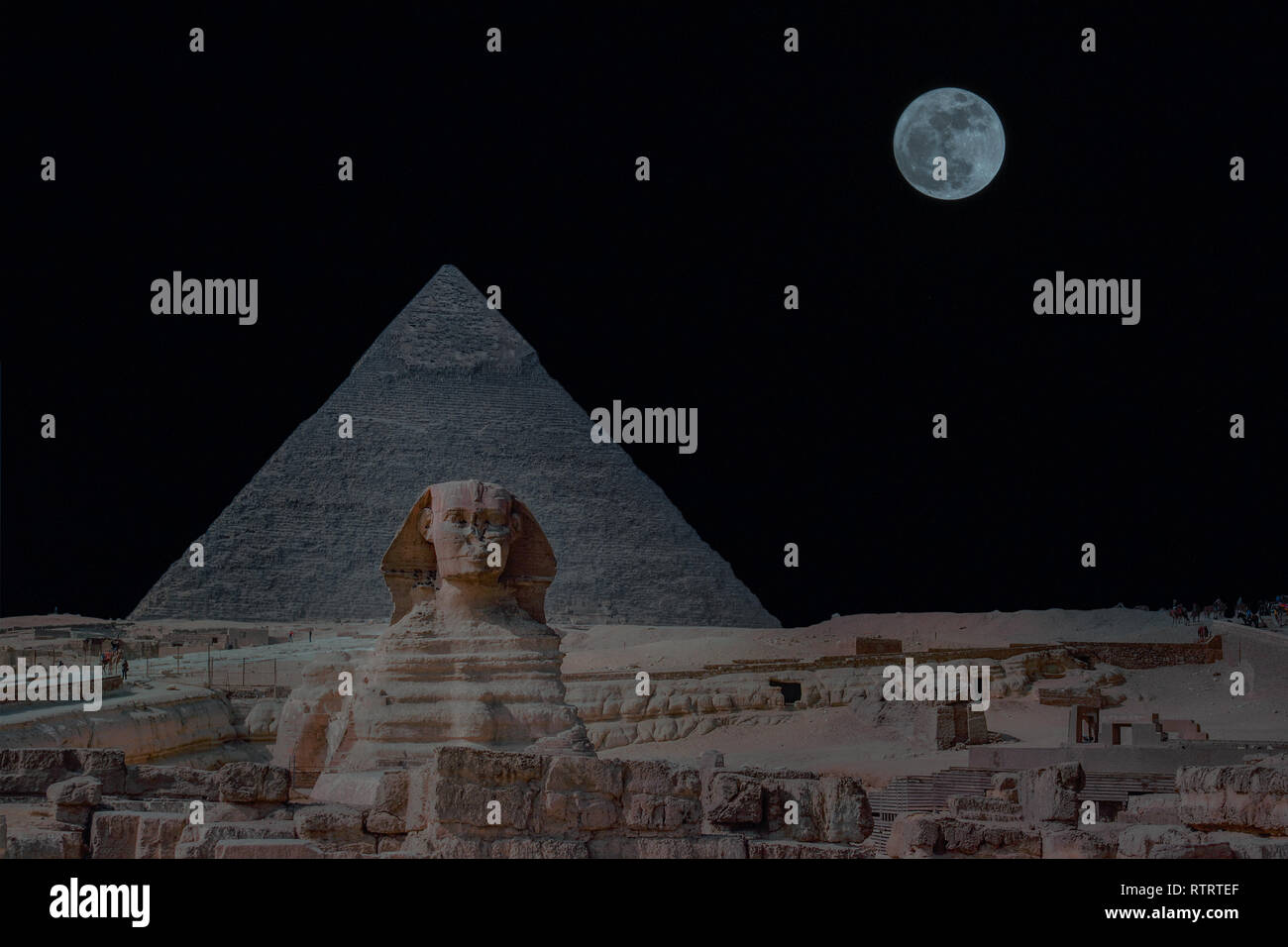 The Sphinx and the Pyramid, with Full moon rising , Cairo, Egypt Stock ...