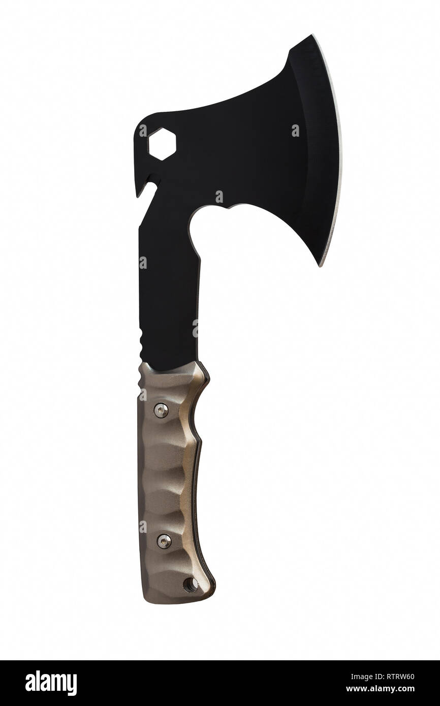 Tourist hatchet black with a figured metal handle on a white background ...