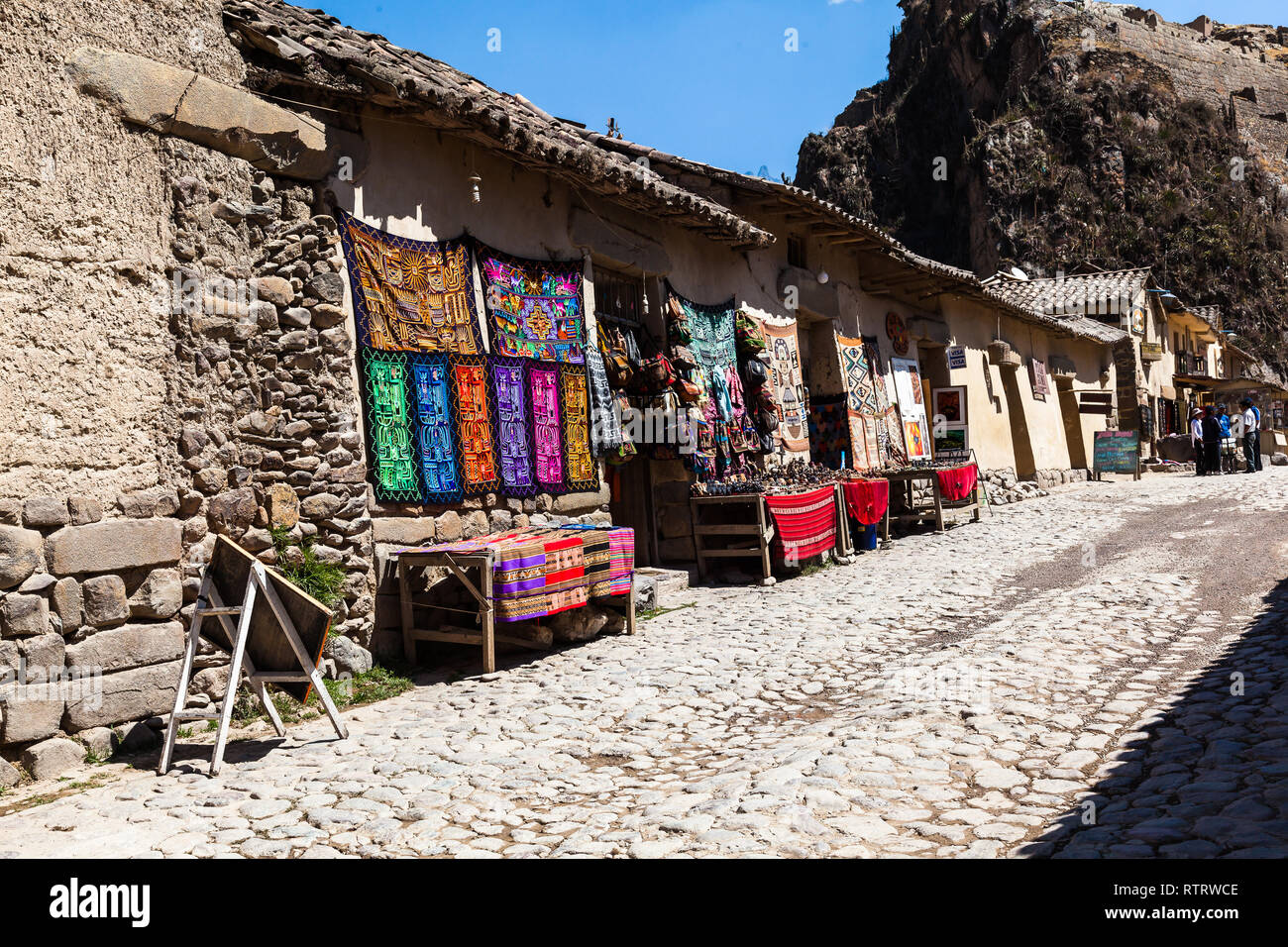 Ollantaytambo, Peru, July 2018: Peruvian weaving and handicraft shops ...