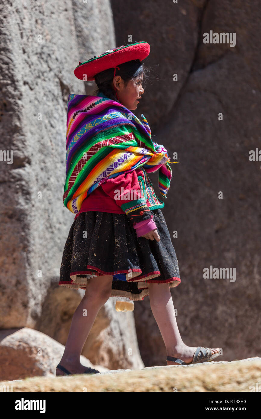 Cusco, Peru, July 2018: Native girl from Cusco, dresses her typical ...