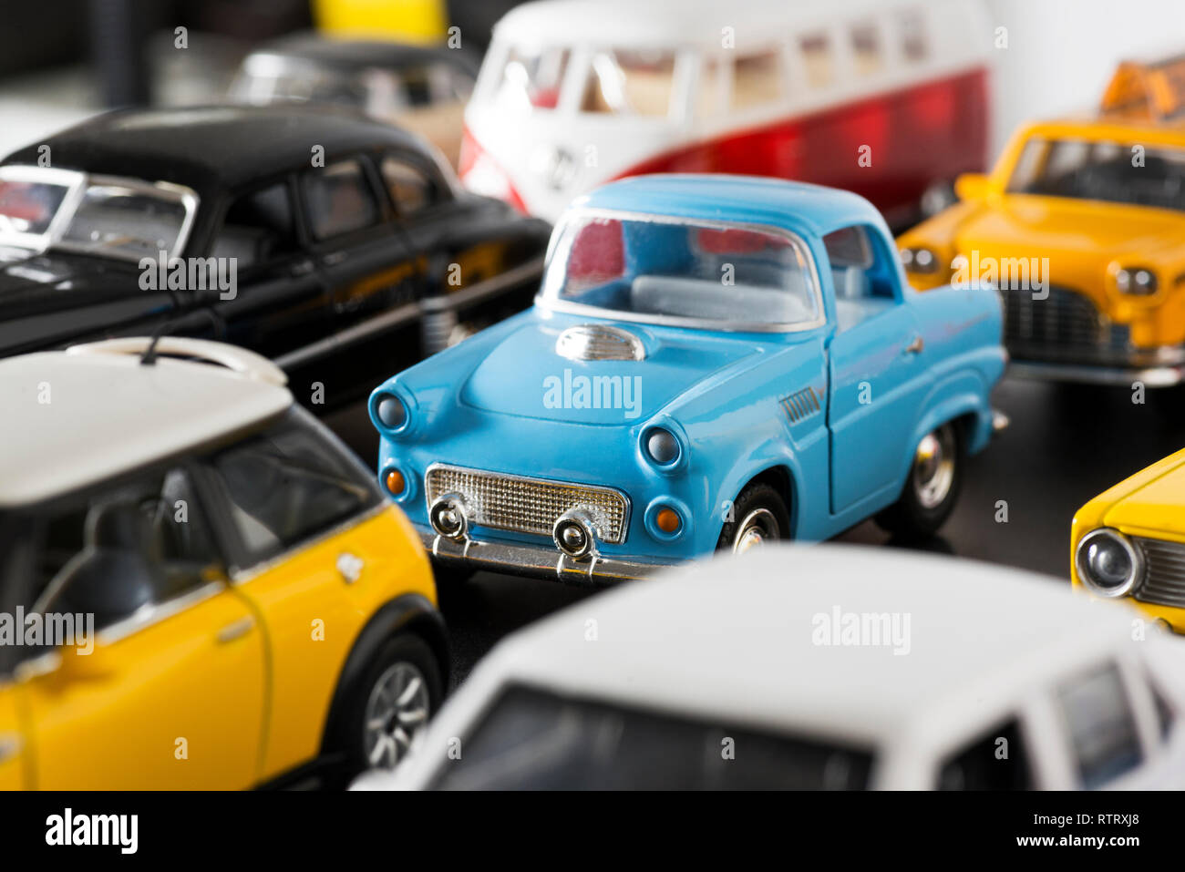 Izmir, Turkey - April 18, 2018: Stacked toy cars and a 50s model blue ...