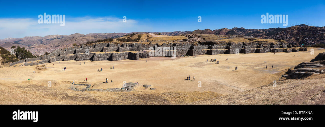Panoramic of archaeological field of Sacsayhuaman, immense rocks carved ...