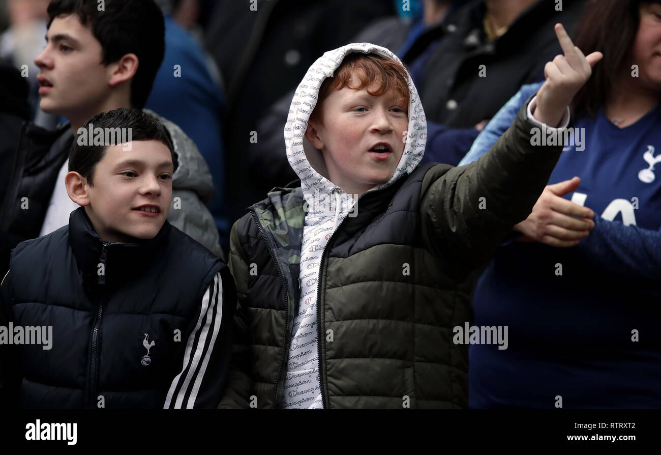 *Editors note content* A young Tottenham Hotspur fan gestures in the ...