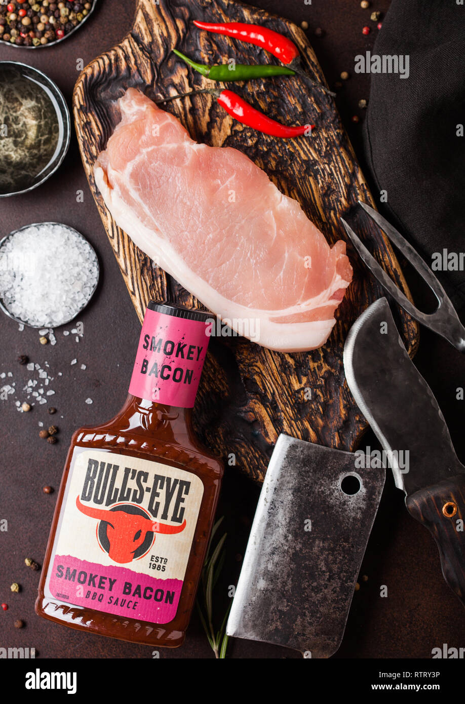 LONDON, UK - DECEMBER 13, 2018: Bottle of Bull's Eye Smokey Pork ...