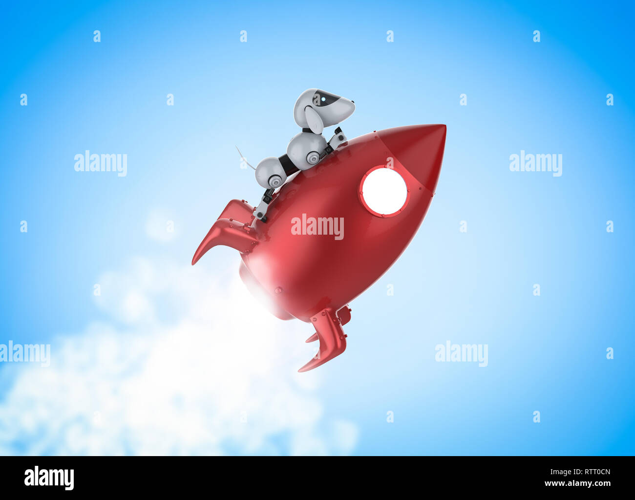 Technology fast speed concept with 3d rendering robot riding on space ...