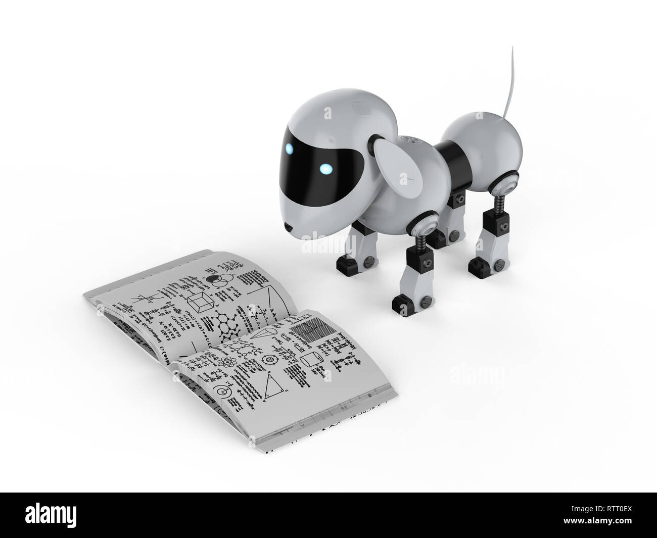 Machine learning concept with 3d rendering dog robot reading a book ...