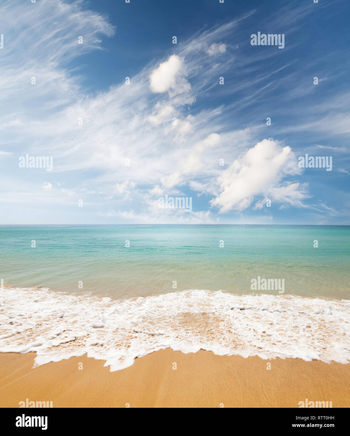 Summer sand beach, tropical sea waves and blue sky with clouds. Perfect ...